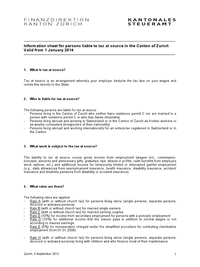 Zurich Tax at Source Guide 2014 | PDF | Taxes | Alimony