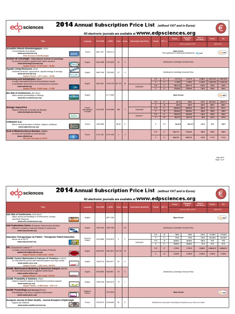 Annual Subscription Price List: All Electronic Journals Are Available ...