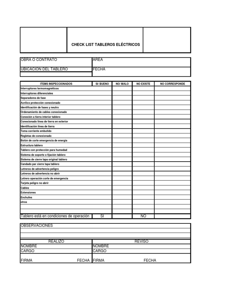 Checklist De Inspección De Tableros Eléctricos Pdf Tecnología