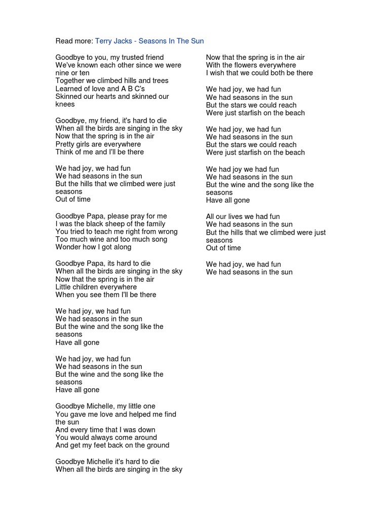 Seasons in the Sun Lyrics Analysis | PDF | Leisure | Entertainment ...