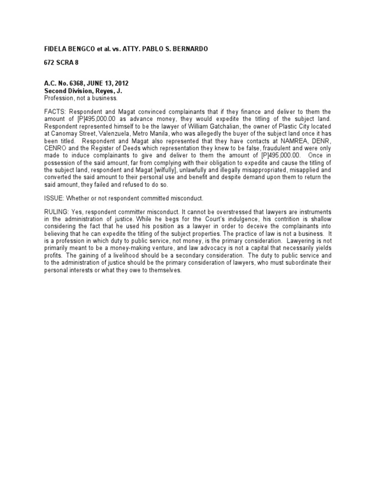Fidela Bengco Et Al. vs. Atty. Pablo S. Bernardo 672 SCRA 8 A.C. No ...