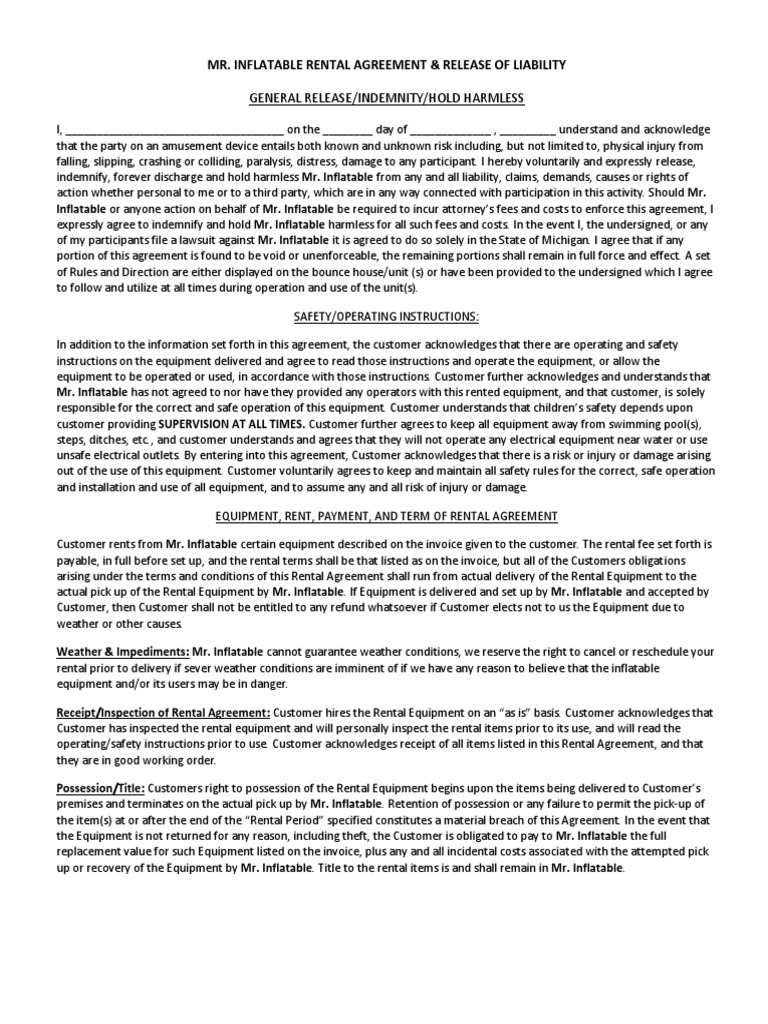 Mr. Inflatable Rental Agreement | PDF | Indemnity | Common Law