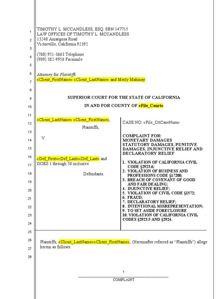 Pre-Foreclosure Complaint Plaintiffs) | PDF | Foreclosure | Mortgage Law