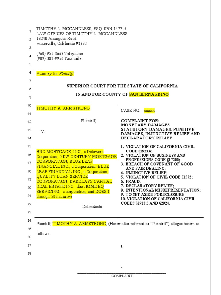 Pre-Foreclosure Complaint Plaintiff) | Foreclosure | Loans