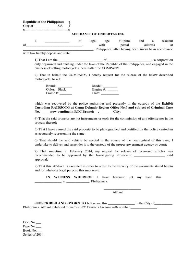 Affidavit of undertaking