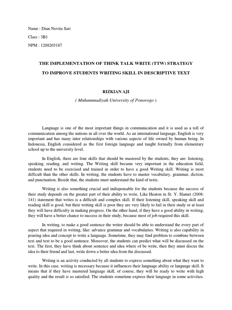 Improving Student Writing Skills in Descriptive Texts Through the Implementation of the Think ...