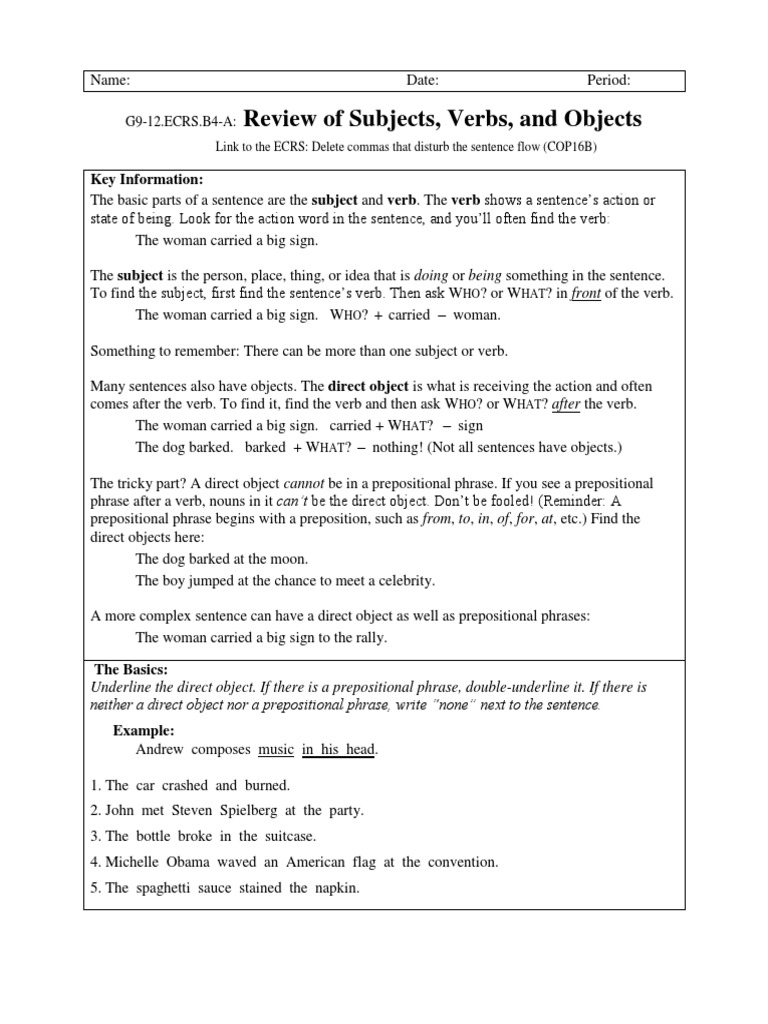 Review of Subjects, Verbs, and Objects: Key Information | PDF | Object ...
