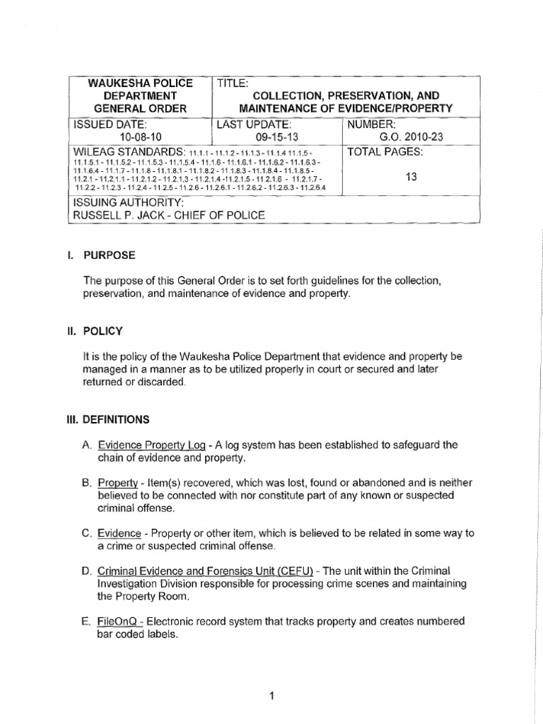 Waukesha Police Evidence Collection Procedure. | PDF | Crime Scene ...