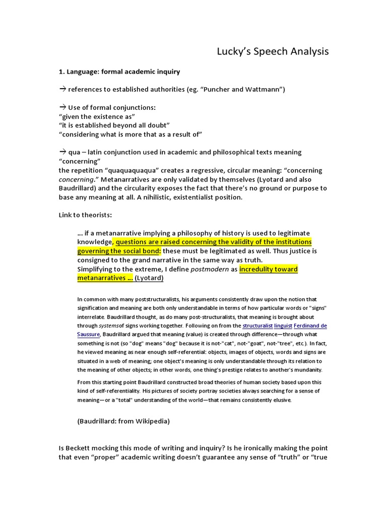 Analyzing Lucky's Speech in Waiting for Godot | PDF | Philosophical ...
