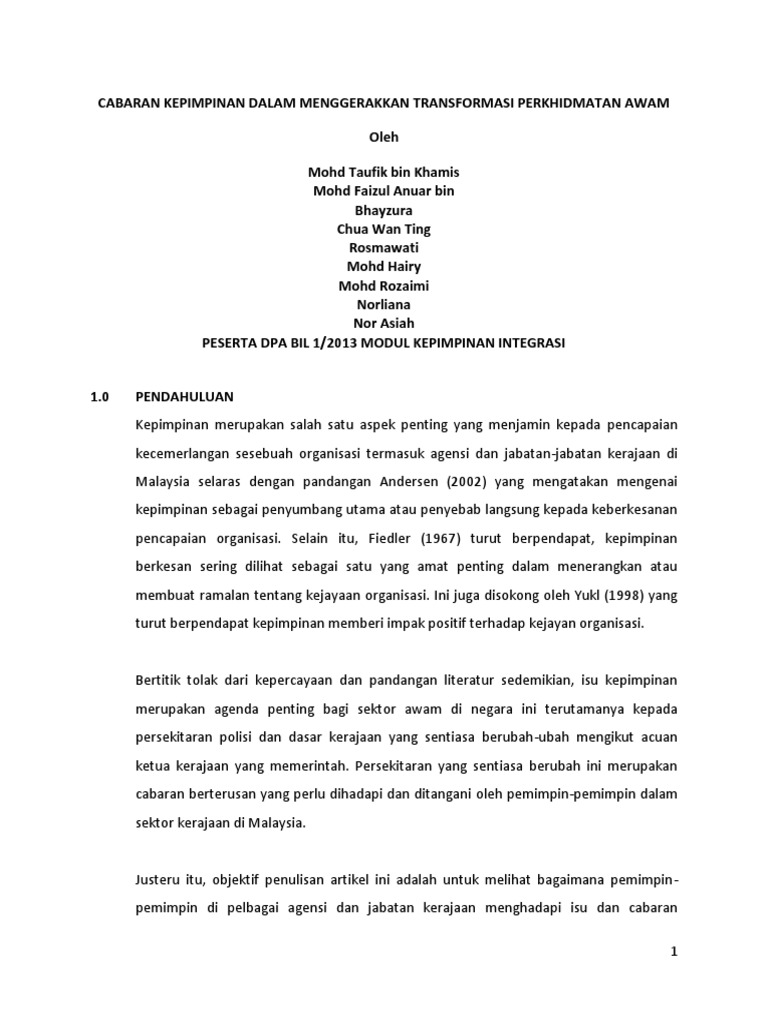 Cabaran Kepimpinan Dalam Era Transformasi Perkhidmatan Awam | PDF