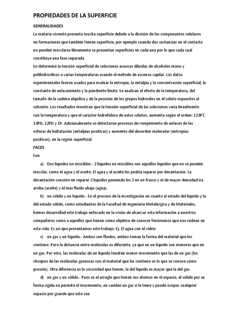 Propiedades de La Superficie | PDF | Absorción (Química) | Tensión ...