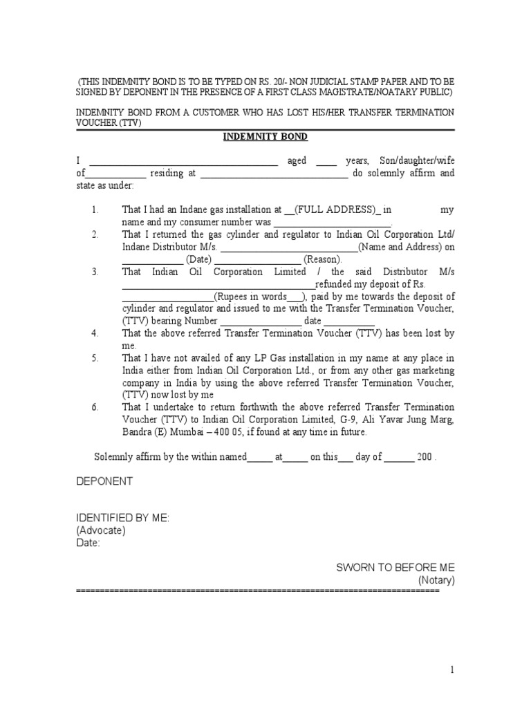 Format of Indemnity Bond in Case of Loss of TTV | PDF