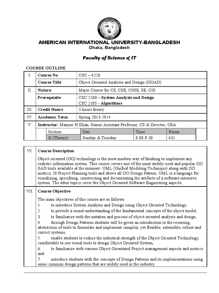 Course Outline OOSAD Spring 2013 2014 | PDF | Models Of Computation ...