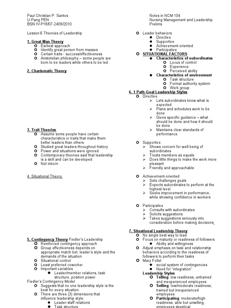 Lesson 6 Theories of Leadership | PDF | Transformational Leadership ...