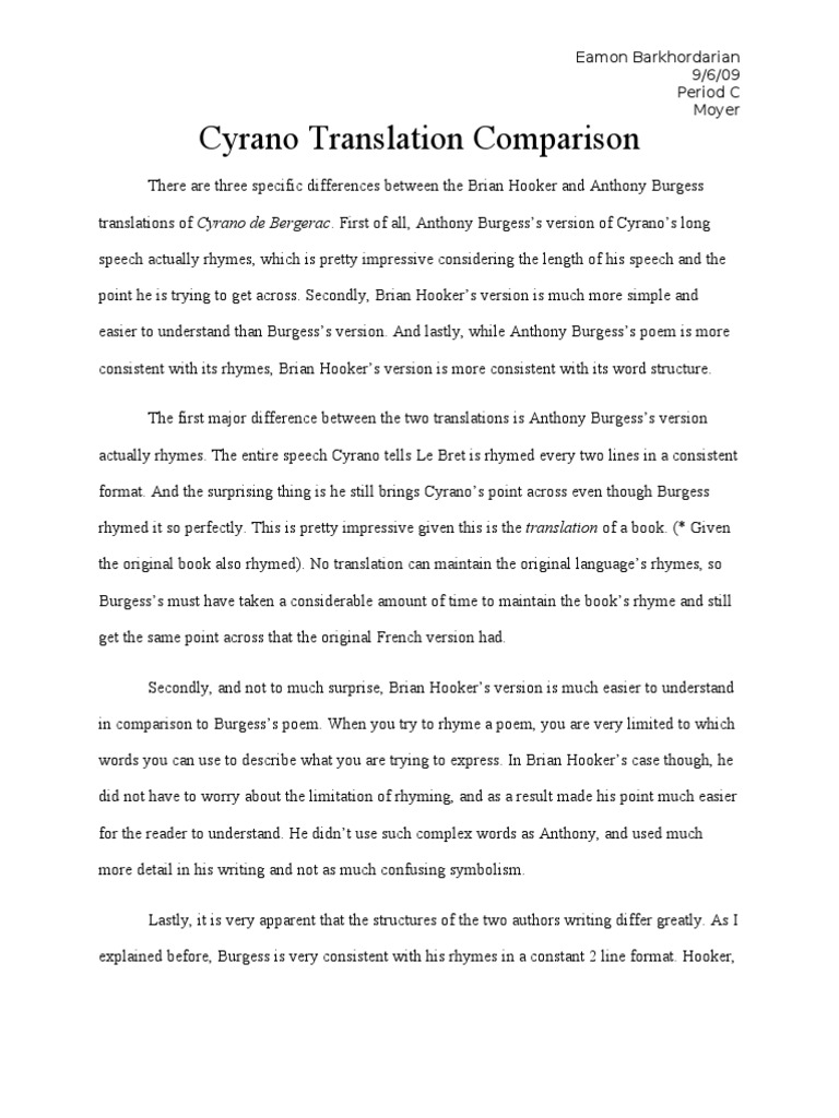 Cyrano de Bergerac Translation Comparison | PDF | Rhyme | Translations