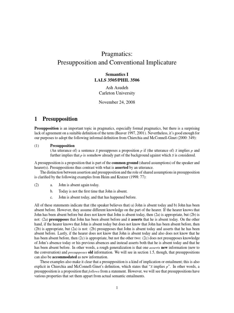 Pragmatics - Presupposition & Conventional Implicature | PDF | Syntax | Grammar