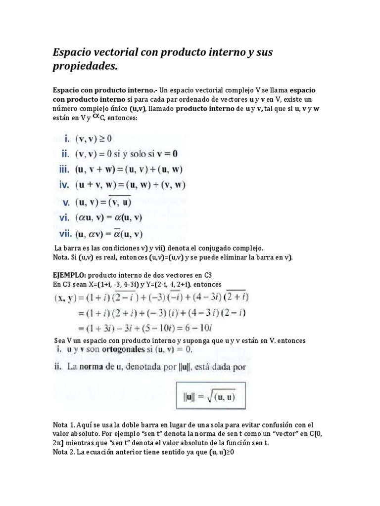 Espacio Vectorial Con Producto Interno Y Sus Propiedades Espacio