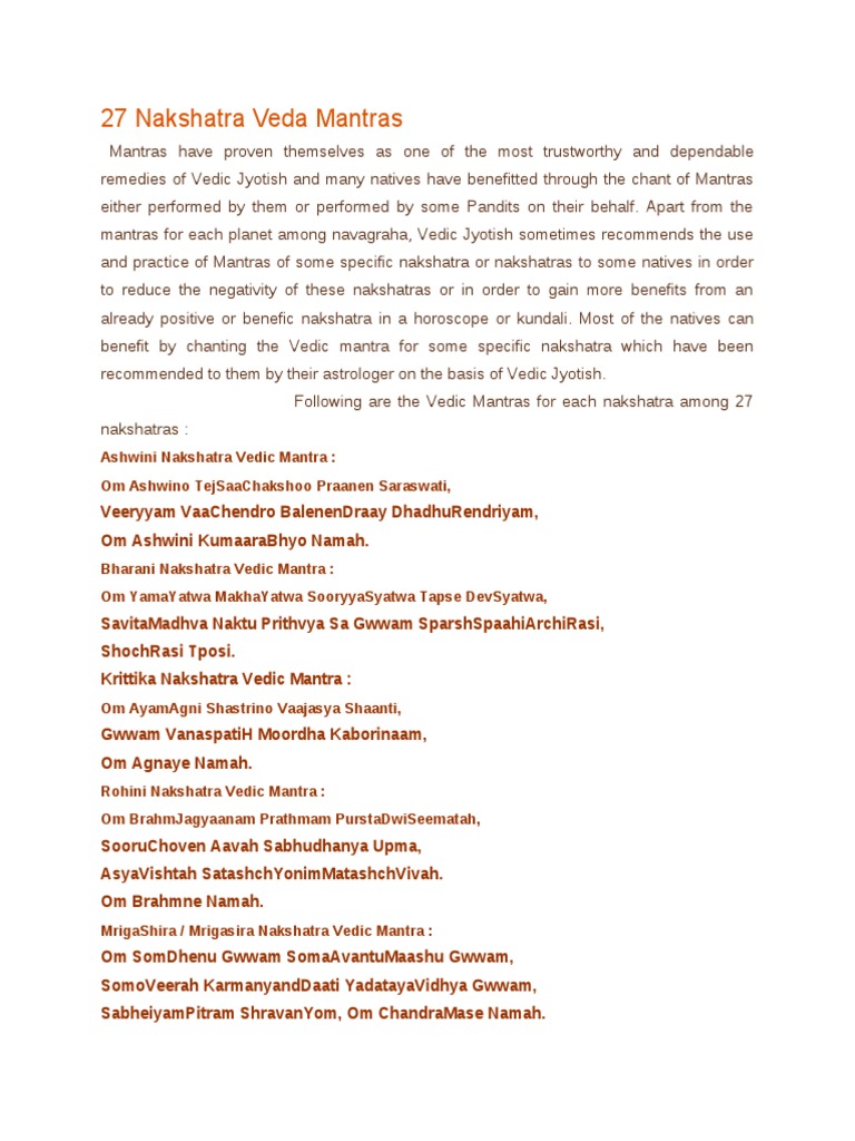27 Nakshatra Mantras | PDF | Hindu Astrology | Hindu Philosophy