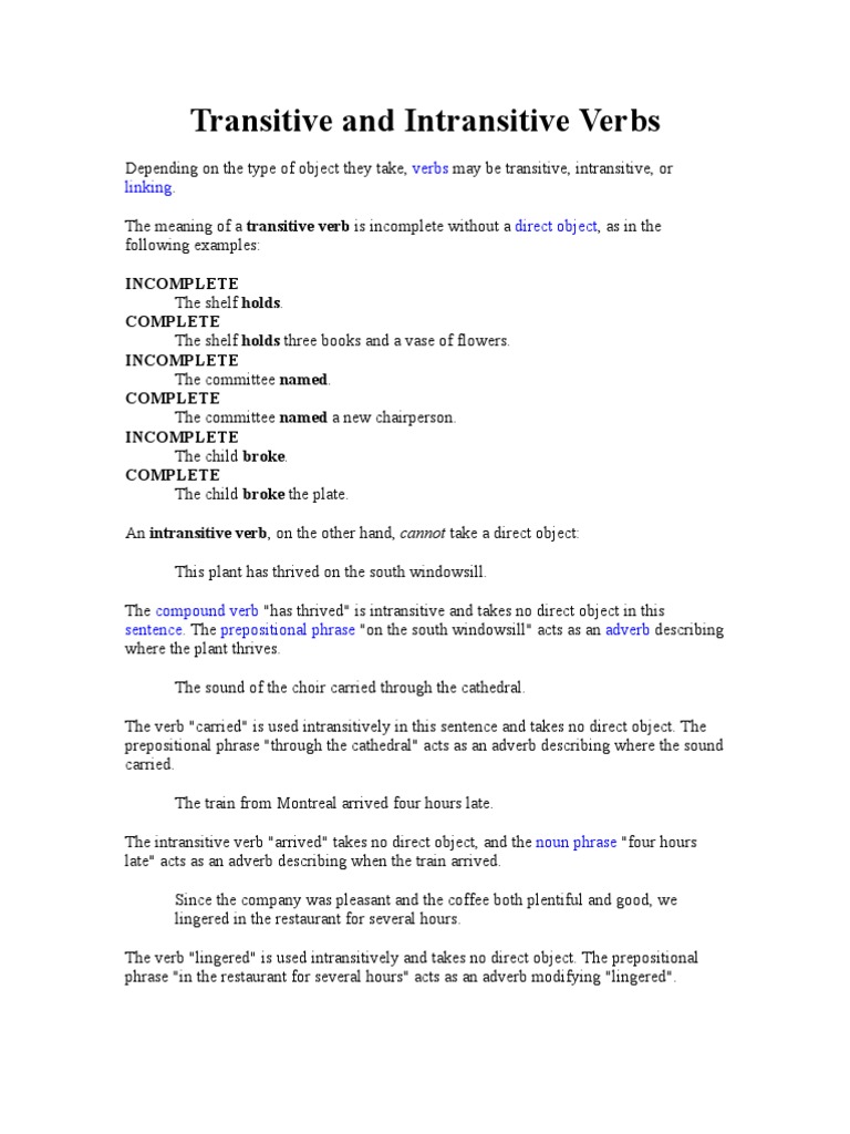 Transitive and Intransitive Verbs | PDF | Verb | Object (Grammar)