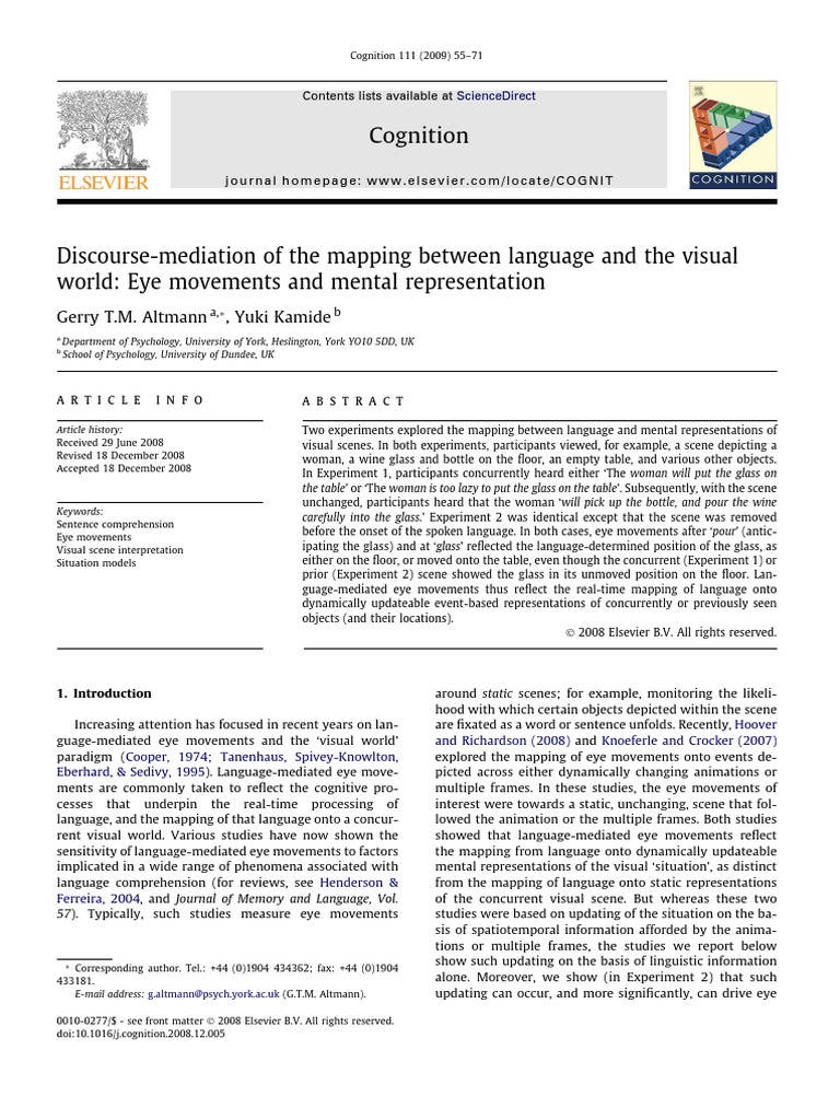Cognition: Gerry T.M. Altmann, Yuki Kamide | PDF | Attention | Logistic ...