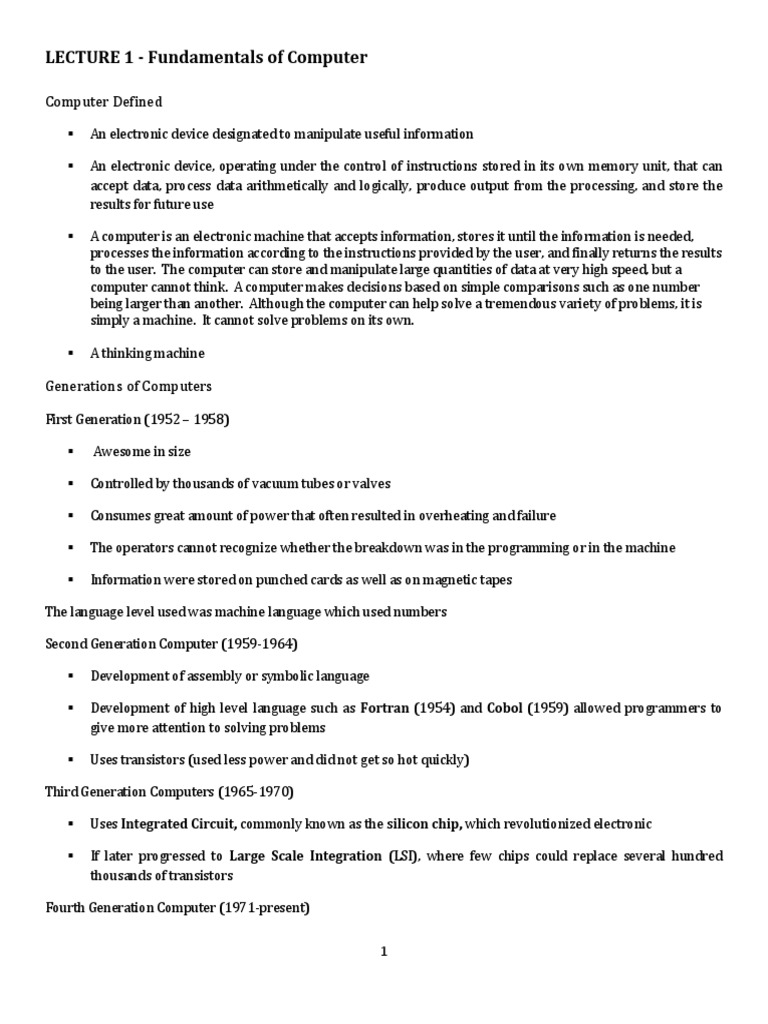 LECTURE 1 - Fundamentals of Computer | Download Free PDF | Random Access Memory | Central ...