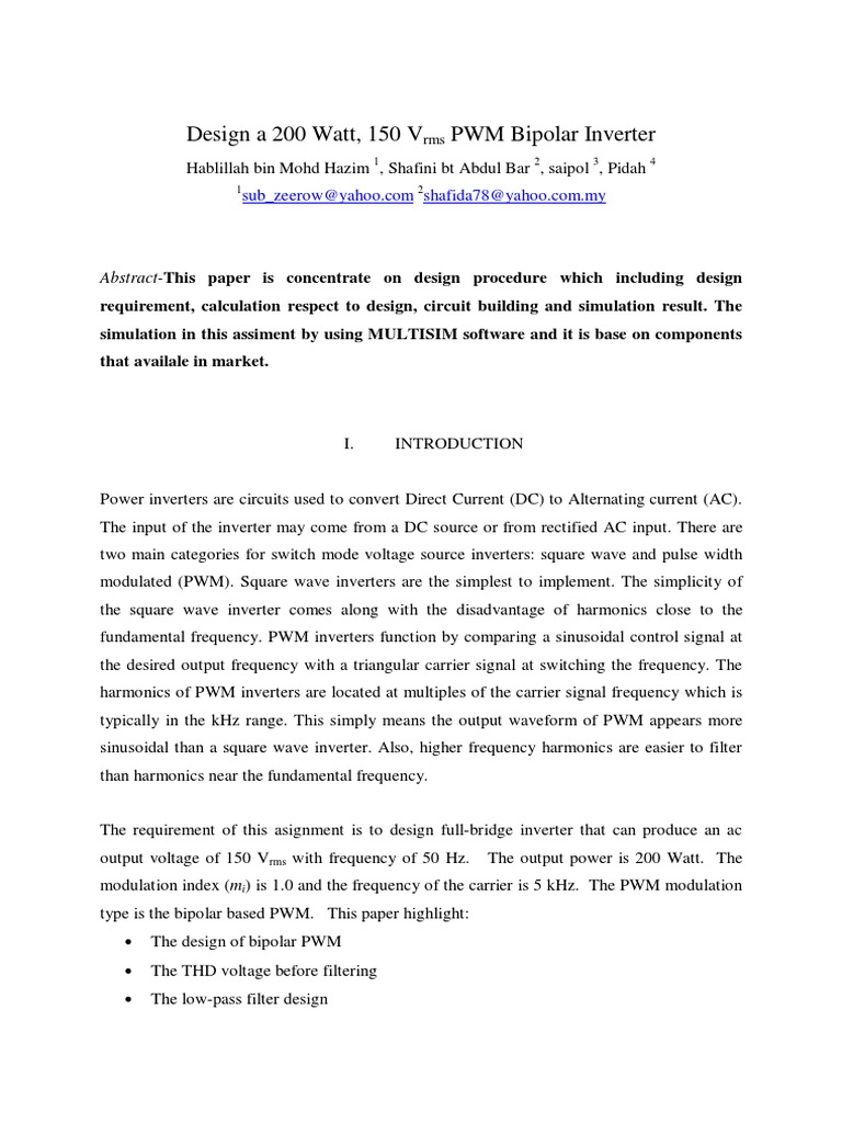 Design A 200 Watt, 150 V PWM Bipolar Inverter | PDF | Power Inverter ...