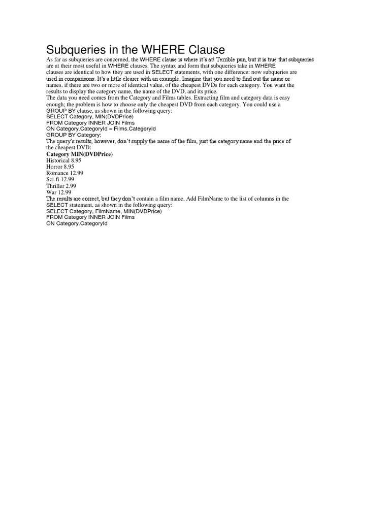 Subqueries in WHERE Clauses Explained | PDF