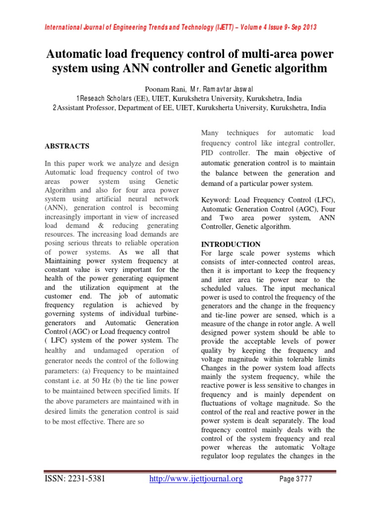 Automatic Load Frequency Control of Multi-Area Power System Using ANN Controller and Genetic ...