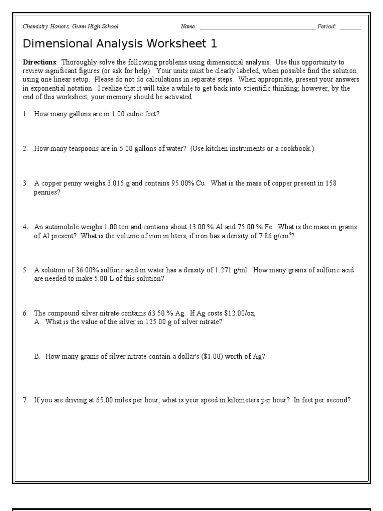 Dimensional Analysis Worksheet Dimensional Analysis Pt. 1