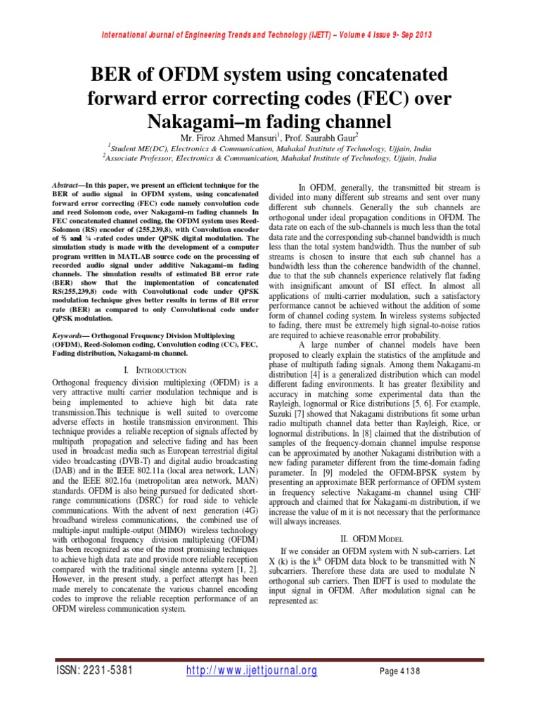 Ber Of Ofdm System Using Concatenated Forward Error Correcting Codes Fec Over Nakagami M