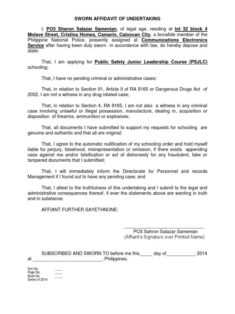 Sworn Affidavit of Undertaking