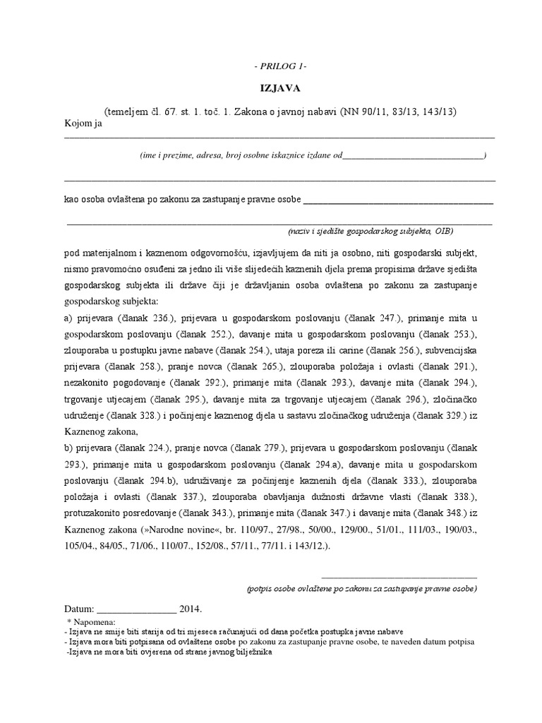 Izjava o Nekažnjavanju | PDF