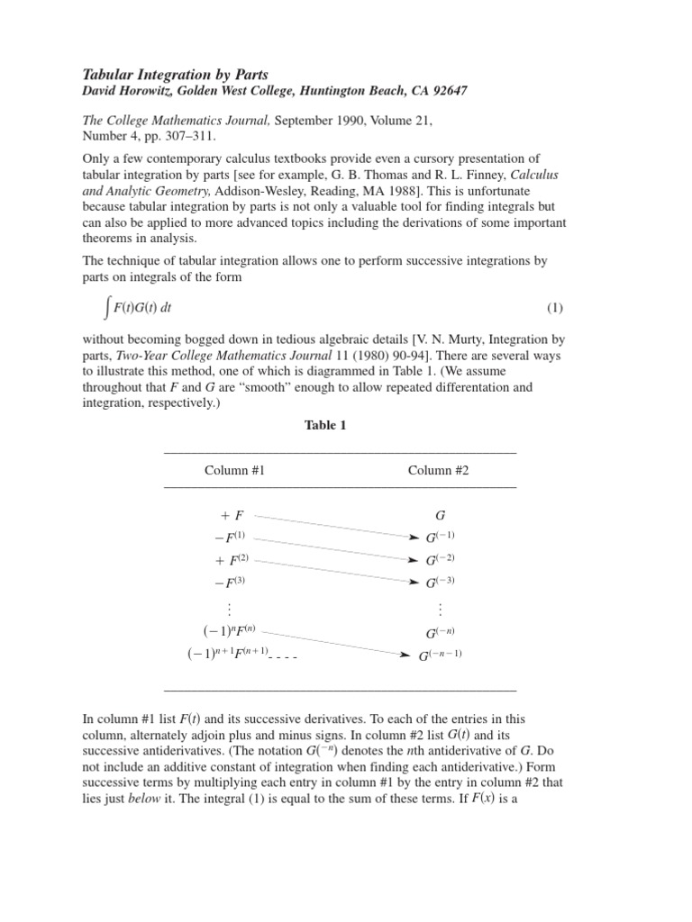 Tabular Integration by Parts - David Horowitz | PDF | Integral | Calculus