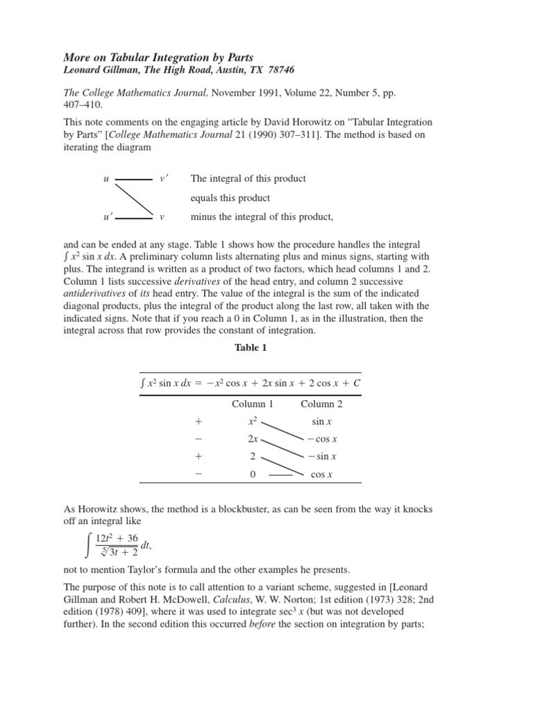 Tabular Integration by Parts Explained | PDF | Integral | Mathematical ...