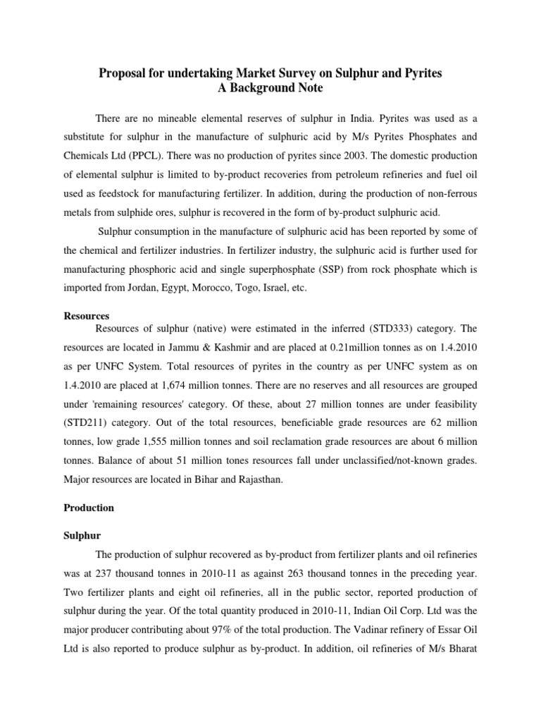 Market Survey Proposal: Sulphur & Pyrites | PDF | Sulfur | Natural Gas