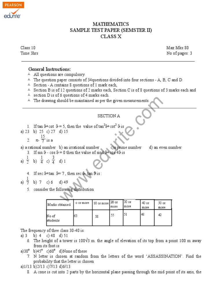 Class 10 Cbse Maths Sample Paper Term 2 Model 3 | PDF | Teaching ...