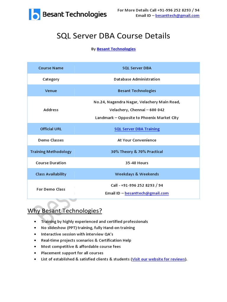 Sql Server Dba Besant Technologies Course Syllabus Pdf Microsoft Sql Server Databases 1478