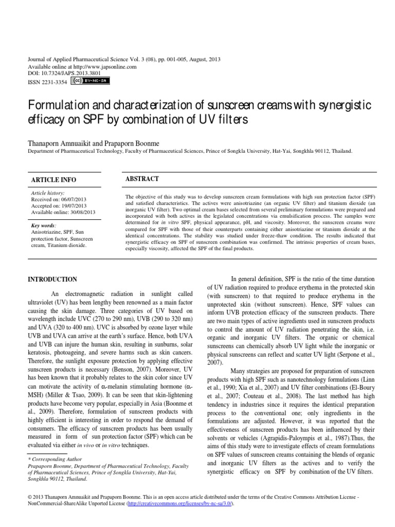 Formulation and Characterization of Sunscreen Creams With Synergistic Efficacy On SPF by ...