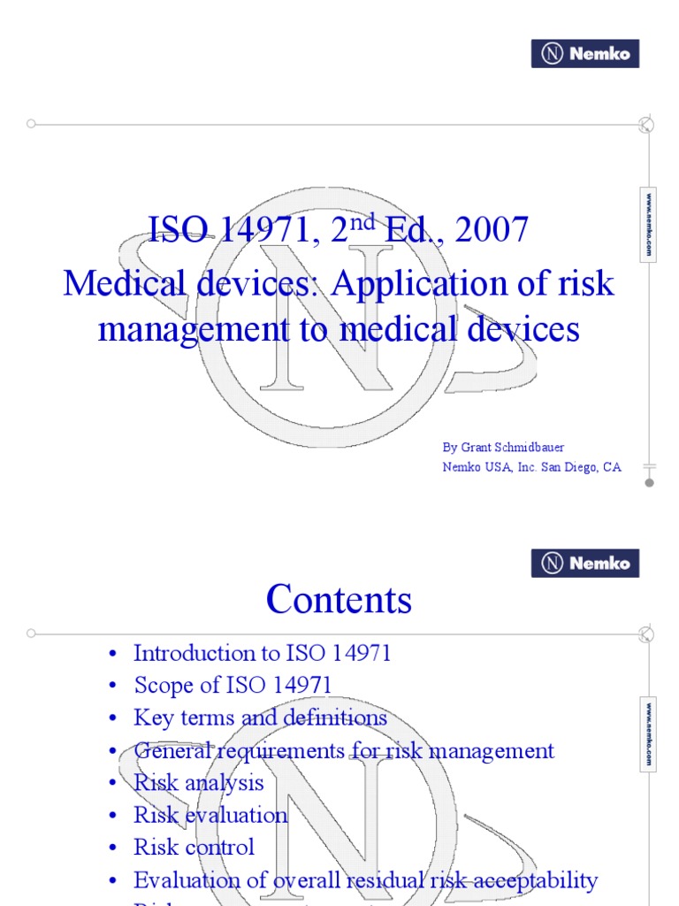 ISO 14971, 2 Ed., 2007 Medical Devices: Application of Risk Management ...