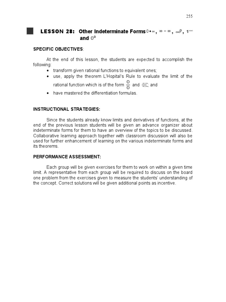LESSON 28: Other Indeterminate Forms: Specific Objectives | PDF | Complex Analysis | Functions ...