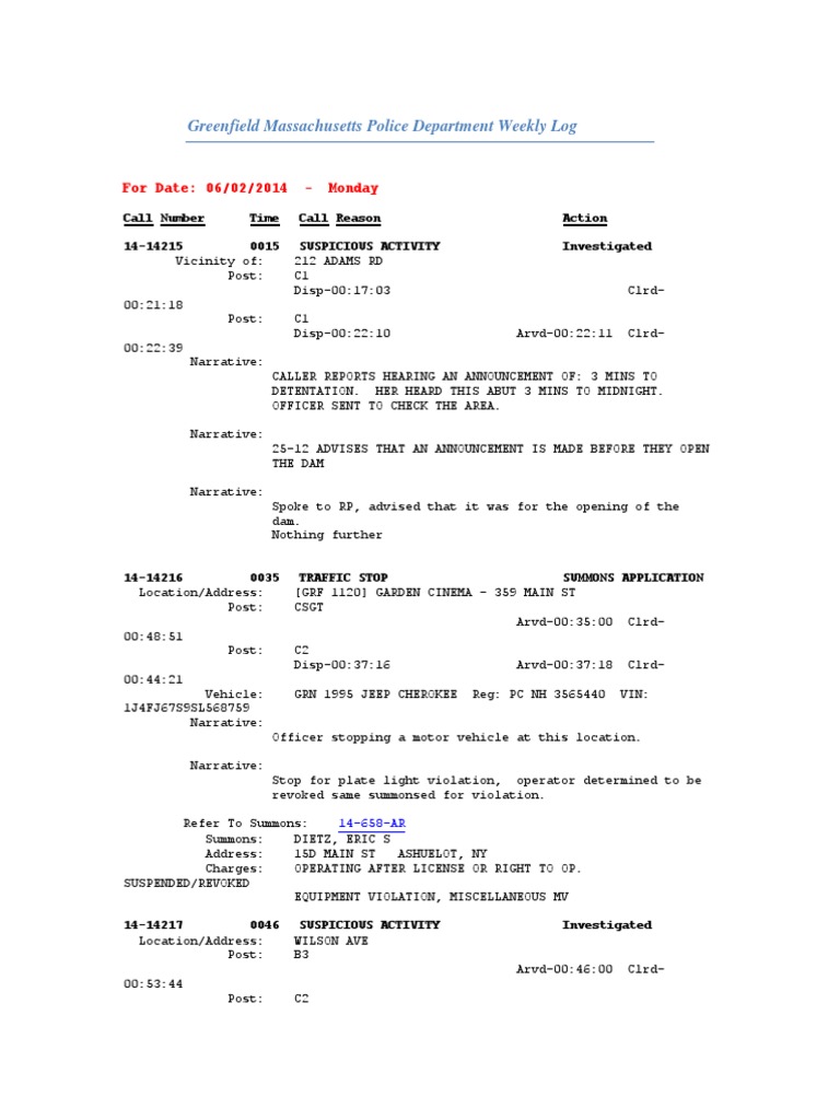 Greenfield Mass Police Log 06/02/14 Through 06/08/14 | PDF | 9 1 1 ...
