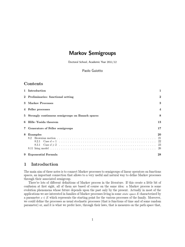Markov Semigroups: Paolo Guiotto | PDF | Stochastic Process | Analysis