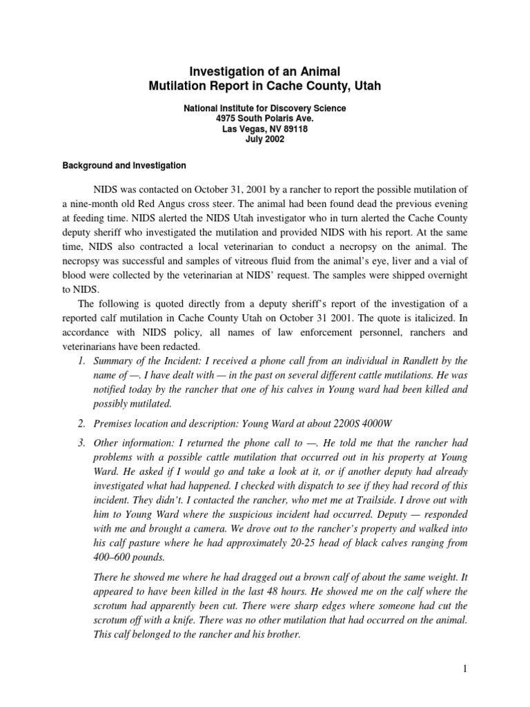 Investigation of An Animal Mutilation Report in Cache County, Utah ...