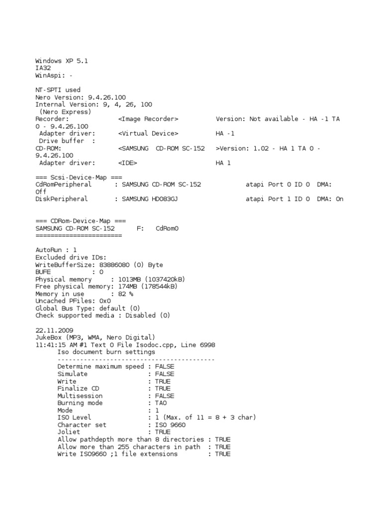 Windows XP 5.1 IA32 WinAspi: NT-SPTI Used Nero Version: 9.4.26.100 | PDF | Windows Registry ...