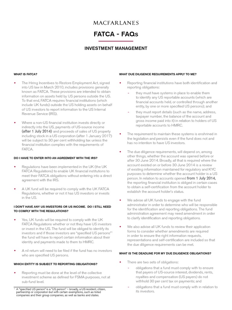 Fatca - Faq: S Investment Management | PDF | Investor | Social Institutions