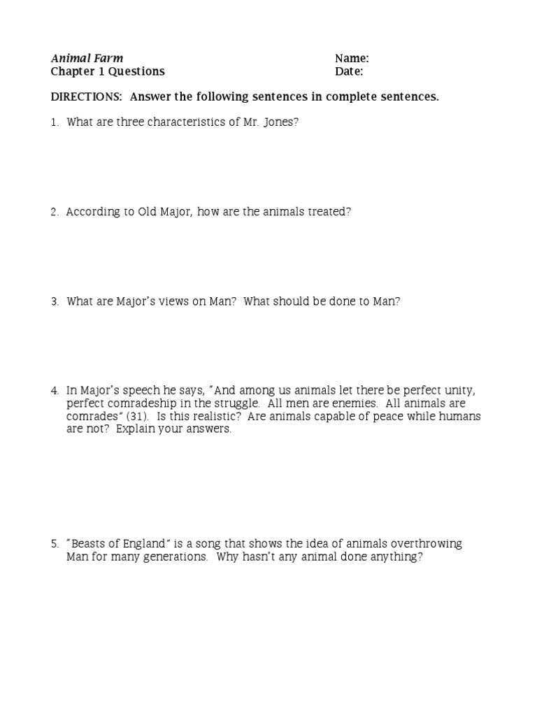 Animal Farm Chapter 1 Questions Guide | PDF | General Fiction