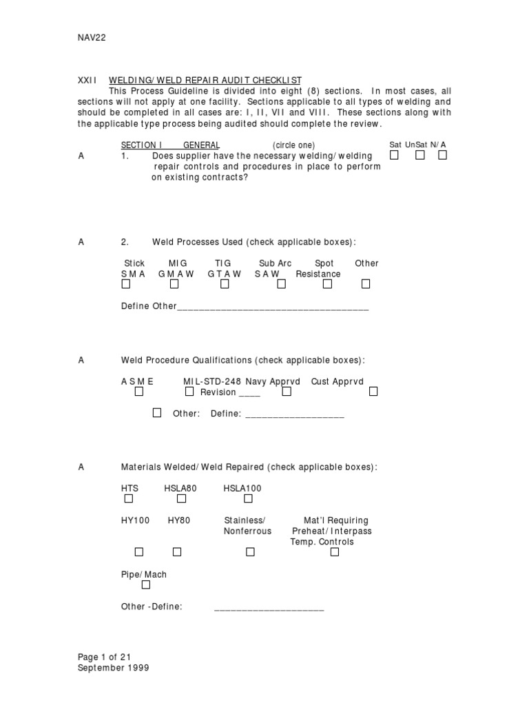 Welding and Repair Audit Checklist | PDF | Metal Fabrication | Welding