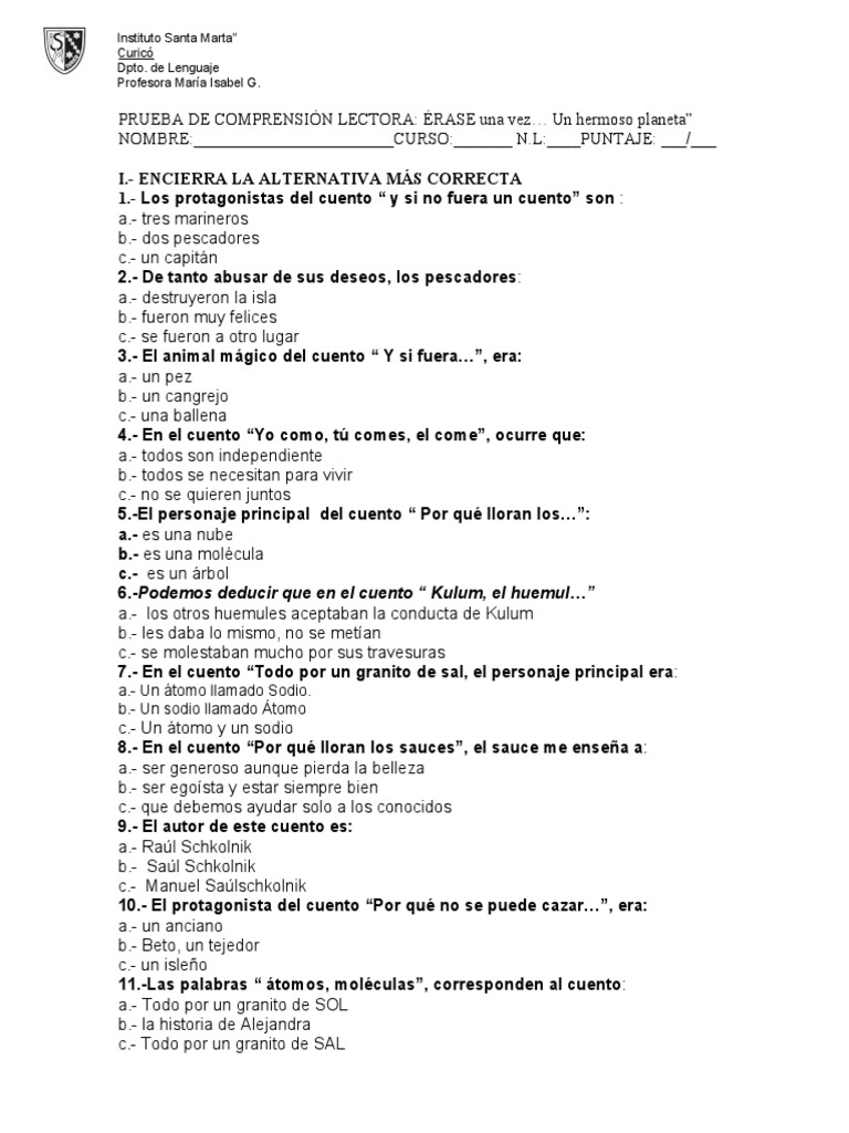 Prueba de Comprensión Lectora Infantil | PDF | Naturaleza | Ocio