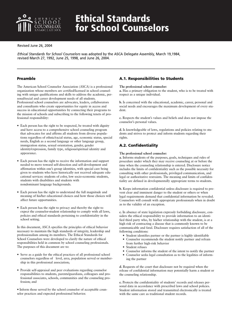 Asca 2004 Ethical Standards For Scs | PDF | School Counselor ...