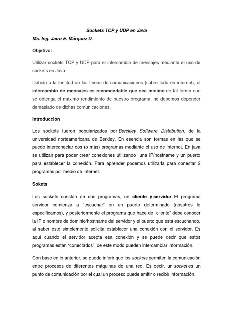 Sockets TCP y UDP en Java | PDF | Zócalo de red | Java (lenguaje de ...